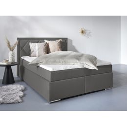 Boxbett LEONIQUE "Alfie, Bestseller, wahlweise mit Bettkasten", grau (anthrazit), L:206cm, Bezug Bett: Samtvelours (100% Polyester), Bezug der Spiegelfläche Matratzendrell aus 100% Polyester. Topperbezug abnehmbar und waschbar bis 30º C, aus 100% Polyester, Komplettbetten, Boxspringbett, mit Straßsteinen im Kopfteil, H2, H3 und H4 wählbar, Topseller