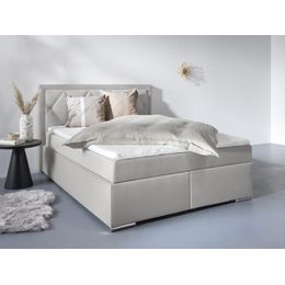 Boxbett LEONIQUE "Alfie, Bestseller, wahlweise mit Bettkasten", grau (hellgrau), L:206cm, Bezug Bett: Samtvelours (100% Polyester), Bezug der Spiegelfläche Matratzendrell aus 100% Polyester. Topperbezug abnehmbar und waschbar bis 30º C, aus 100% Polyester, Komplettbetten, Boxspringbett, mit Straßsteinen im Kopfteil, H2, H3 und H4 wählbar, Topseller
