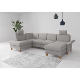 Wohnlandschaft Home Affaire "Rochelle, U-Form", grau (hellgrau), B:314cm H:90cm T:195cm, 95% Polyester 5% Polyamid, Sofas, Wohnlandschaft, optional mit Armteilverstellung, mit Bettfunktion & Bettkasten
