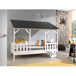 Kinderbett Vipack "Hausbett, aus MDF und Massivholz, Dach schwarz oder weiß", schwarz-weiß (weiß, schwarz), B:105cm H:174cm L:214cm, Betten, wahlweise mit oder ohne Bettschublade auf Rollen