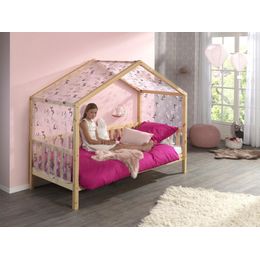 Hausbett Vipack "Dallas, mit Dachaufbau, Kiefer massiv, stabil gebaut", beige (natur), B:97cm H:170cm L:210cm, Textilhimmel 100% Polyester, Betten, wahlweise mit oder ohne Bettschublade und Textilhimmel