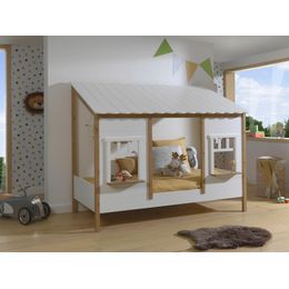 Kinderbett Vipack "Hausbett, aus MDF und Massivholz weiß lackiert mit farblichen Absatz", braun (weiß, kiefer oak), B:105,3cm H:174cm L:214cm, Betten, Hochbett, inkl. Rolllattenrost, wahlweise mit oder ohne Bettschublade auf Rollen