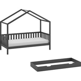 Hausbett Vipack "Dallas, mit Dachaufbau, Kiefer massiv, stabil gebaut", grau (anthrazit, anthrazit, anthrazit), B:97cm H:170cm L:210cm, Betten, wahlweise mit oder ohne Bettschublade