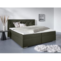 Boxbett LEONIQUE "Alfie, Bestseller, wahlweise mit Bettkasten", grün (dunkel olive), L:206cm, Bezug Bett: Samtvelours (100% Polyester), Bezug der Spiegelfläche Matratzendrell aus 100% Polyester. Topperbezug abnehmbar und waschbar bis 30º C, aus 100% Polyester, Komplettbetten, Boxspringbett, mit Straßsteinen im Kopfteil, H2, H3 und H4 wählbar, Topseller