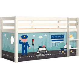 Spielbett Vipack "Pino, Kiefer massiv, mit Rolllattenrost u. Textil-Set, Made in Europe", weiß, B:105,4cm H:114cm L:209,4cm, Betten, verschiedene Textil Dessins, 3 Gestellfarben zur Wahl