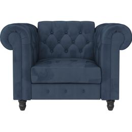 Chesterfield-Sessel DOREL HOME "Felix", blau, B:111cm H:83cm T:87cm, Veloursstoff 100% Polyester, Sessel, mit R&uuml;ckenlehne 3-fach verstellbar, Beine Massivholz, Sitzh&ouml;he 46 cm