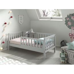 Kinderbett Vipack "Junior, Kiefermassiv mit umlaufenden Sprossengitter und Rolllattenrost", grau (hellgrau), B:76cm H:60cm L:148cm, Betten, wahlweise in 2 Farben, mit oder ohne Schublade
