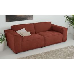 3-Sitzer Home Affaire "Avelin, 228 cm, Chenille, Struktur-Boucle", rot (brick rot), B:228cm H:75cm T:96cm, 100% Polyester, Sofas, mit Wellenunterfederung, Kedernaht, bodentief, Skandi-Design
