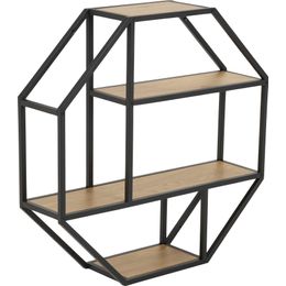 Wandregal ACTONA GROUP, schwarz (matt wildeiche, matt shwarz), B:77cm H:77cm T:20cm, Melamin, Metall, Regale, Metallgestell, 2 Einlegeböden, Achteckform und asymmetrischen Details