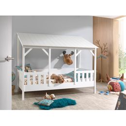 Kinderbett Vipack "Hausbett, aus MDF und Massivholz, Dach schwarz oder weiß", weiß, B:105cm H:174cm L:214cm, Betten, wahlweise mit oder ohne Bettschublade auf Rollen