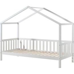 Hausbett Vipack "Dallas, mit Dachaufbau, Kiefer massiv, stabil gebaut", weiß (kiefer massiv weiß lackiert), B:97cm H:170cm L:210cm, Betten, wahlweise mit oder ohne Bettschublade und Textilhimmel