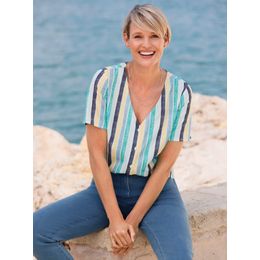 Kurzarmbluse Classic Basics, Damen, Gr. 56, gelb (mittelblau, gelb, gestreift), 100% Polyester, gemustert, gestreift, mehrfarbig, V-Ausschnitt, Blusen