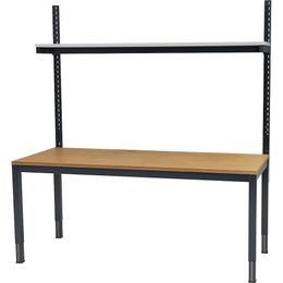 eurokraft basic Höhenverstellbarer Arbeitstisch mit Etagenbord, höhenverstellbar 650 - 900 mm, BxT 1500 x 700 mm, Buche-Multiplexplatte