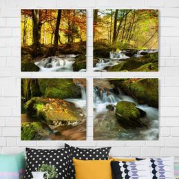 Bilderwelten Leinwandbild Wald Motiv Steinoptik gr&uuml;n - Wasserfall herbstlicher Wald - B&auml;ume XXL Wohnzimmer Schlafzimmer