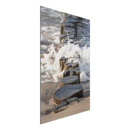Bilderwelten Alu Dibond Outdoor Bild Strand beige Motiv wetterfest - Wellenbrecher am Strand - Landschaft Wohnzimmer Schlafzimmer