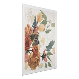 Bilderwelten Alu Dibond Outdoor Bild Blumen rot modern Aquarell - Zeichnung Blumenbouquet in Rot und Sepia II - Rose Wohnzimmer Schlafzimmer