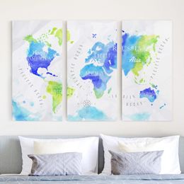 Bilderwelten 3-teiliges Leinwandbild - Querformat Weltkarte Aquarell blau gr&uuml;n