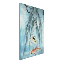 Bilderwelten Alu Dibond Outdoor Bild Tiere blau Vintage Aquarell - Japanische Aquarell Zeichnung Goldfische II - Retro Wohnzimmer Schlafzimmer