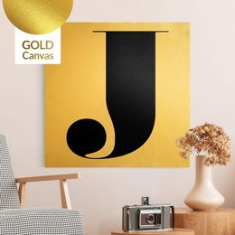 Leinwandbild Gold Antiqua Letter J - Wandbilder XXL Print Buchstaben & Zahlen Wohnzimmer Schlafzimmer Jugendzimmer Gold