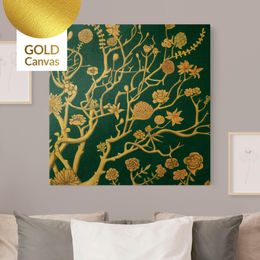 Leinwandbild Gold Chinoiserie Blumen in der Nacht II - Wandbilder XXL Print Blumen Floral Kunstdruck Wohnzimmer Schlafzimmer Bad Badezimmer K&uuml;che
