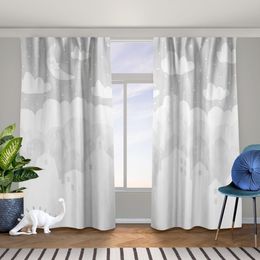 Bilderwelten Vorhang Sternenhimmel mit Häusern und Mond in grau - blickdichte Gardine Illustration Kinder Kinderzimmer Baby Babyzimmer Mädchen Mädchenzimmer