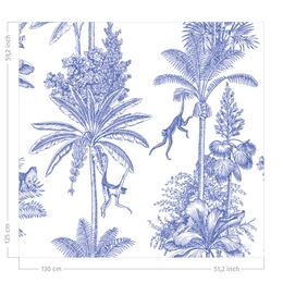 Bilderwelten Vorhang Kupferstichanmutung - Affen in Blau - blickdichte Gardine Botanik Tropical Illustration Muster Tiere Vintage Wohnzimmer Schlafzimmer K&uuml;che