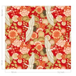 Bilderwelten Vorhang Kraniche und Chrysanthemen Rot - blickdichte Gardine Blumen Floral Illustration Muster Tiere Wohnzimmer Schlafzimmer K&uuml;che Bad Badezimmer Rot
