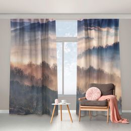 Bilderwelten Vorhang Nebel bei Sonnenuntergang - blickdichte Gardine Wald Bäume Natur Wohnzimmer Schlafzimmer Küche Bad Badezimmer Beige