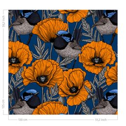 Bilderwelten Vorhang Mohnblumen und V&ouml;gel - blickdichte Gardine Blumen Floral Illustration Muster Tiere Wohnzimmer Schlafzimmer K&uuml;che Bad Badezimmer Blau