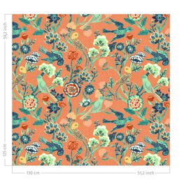 Bilderwelten Vorhang Indisches Muster V&ouml;gel mit Blumen Orange - blickdichte Gardine Blumen Floral Illustration Muster Skyline Stadt Tiere Wohnzimmer Schlafzimmer
