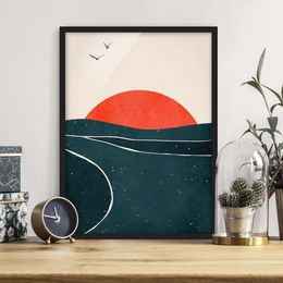 Bilderwelten Bild mit Rahmen Meer vor rotem Sonnenuntergang
