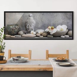 Bilderwelten Bild mit Rahmen Zen Buddha mit wei&szlig;en Orchideen