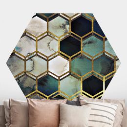 Bilderwelten Hexagon Tapete Vliestapete Illustration Aquarell gr&uuml;n - Hexagontr&auml;ume Aquarell mit Gold - Geometrisch Wohnzimmer Schlafzimmer