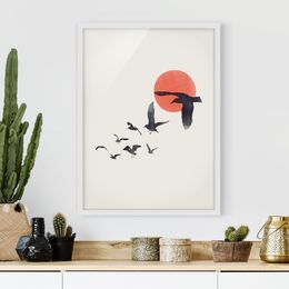 Bilderwelten Bild mit Rahmen Tiere beige modern Aquarell - Vogelschwarm vor Sonne - V&ouml;gel Wohnzimmer Schlafzimmer