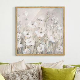 Bilderwelten Bild mit Rahmen Blumen beige Abstrakt inkl. Rahmung - Wei&szlig;e sommerliche Blumen - Deko Wohnzimmer Schlafzimmer