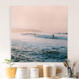 Bilderwelten Leinwandbild Strand Motiv Kunstdruck rosa - Surfsession im Abendrot - Landschaft XXL Wohnzimmer Schlafzimmer