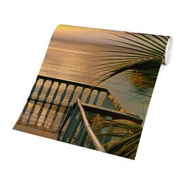 Bilderwelten Fototapete Strand Tropisch Wandtapete blau - Blick auf Sonnenuntergang am Strand - Sonnenuntergang Wohnzimmer Schlafzimmer