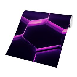 Bilderwelten Fototapete Vliestapete Neon Art 3D-Effekt violett - Hexagone mit Neonlicht in Lila - Deko Jugendzimmer