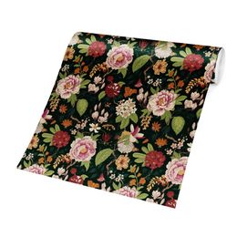 Bilderwelten Fototapete Vliestapete Illustration Wandtapete bunt - Illustriertes Blumen Chinoiserie Muster auf Dunkelgr&uuml;n - Deko Wohnzimmer Schlafzimmer