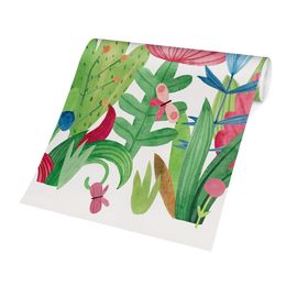 Bilderwelten Fototapete Blumentapete Aquarell Garten Schmetterlinge Blume wei&szlig; M&auml;dchenzimmer Rosa - M&auml;dchen Vliestapete Kindertapete Kinderzimmer