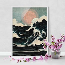 Bilderwelten Bild mit Rahmen blau Abstrakt inkl. Rahmung - Shabby Wellen Illustration mit Sonne - Deko Wohnzimmer Schlafzimmer