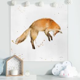 Bilderwelten Leinwandbild Tiere modern Aquarell weiss - Springender Fuchs - Wandbild XXL Kinderzimmer Baby M&auml;dchen Jungen