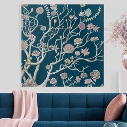 Bilderwelten Leinwandbild Blumen modern Kunstdruck blau - Chinoiserie Blumen in der Nacht II - Wandbild XXL Wohnzimmer Schlafzimmer