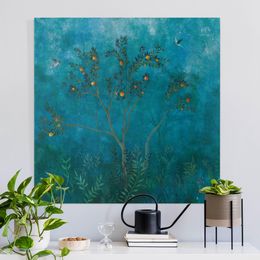Bilderwelten Leinwandbild Wald Tropisch Kunstdruck blau - Waldlichtung mit Orangenbaum bei Nacht - B&auml;ume XXL Wohnzimmer Schlafzimmer