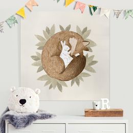 Bilderwelten Leinwandbild Tiere Illustration Kunstdruck beige - Anna Lunak Illustration - Fuchs und Hase - Wandbild XXL Kinderzimmer Baby M&auml;dchen Jungen