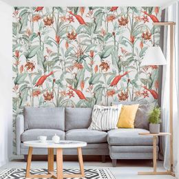 Bilderwelten Fototapete Tigerlilie und Kraniche in Botanik Wohnzimmer,Schlafzimmer Vliestapete inkl. Kleister oder selbstklebend