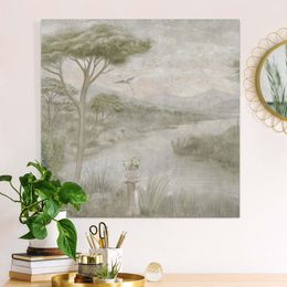 Bilderwelten Leinwandbild Wald Vintage Kunstdruck gr&uuml;n - Pastellgr&uuml;ne Landschaft mit Kranich - B&auml;ume XXL Wohnzimmer Schlafzimmer