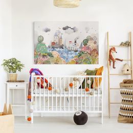 Bilderwelten Leinwandbild Wald modern Aquarell bunt - Reise ins M&auml;rchenland - Ballon XXL Kinderzimmer Baby M&auml;dchen Jungen