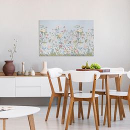 Bilderwelten Leinwandbild Blumen Illustration Kunstdruck blau - Illustrierte Blumen Chinoiserie auf Hellblau - Schmetterlinge XXL Wohnzimmer Schlafzimmer