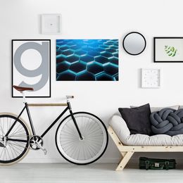 Bilderwelten Leinwandbild Neon Art 3D-Effekt t&uuml;rkis - Hexagone mit Neonlicht in T&uuml;rkis - Wandbild XXL Jugendzimmer